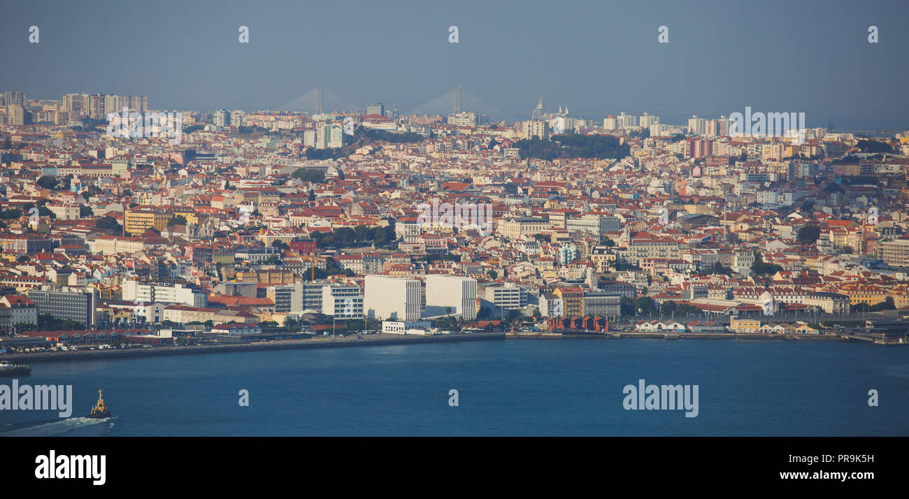 Beautiful super wide-angle panoramic aerial view of Lisbon, Portugal ...