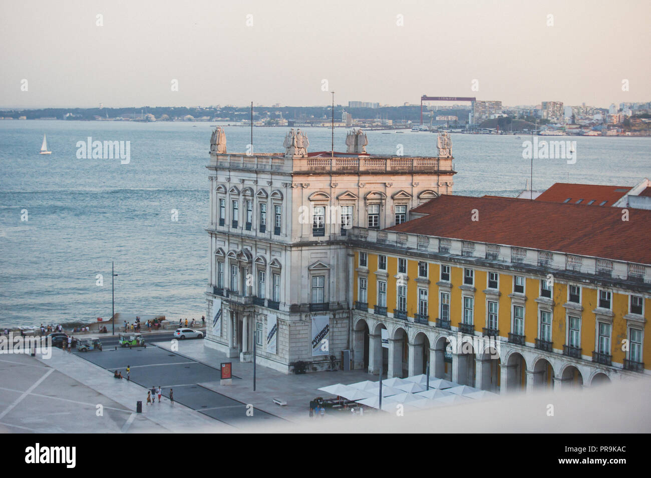 Beautiful super wide-angle aerial view of Lisbon, Portugal with harbor ...