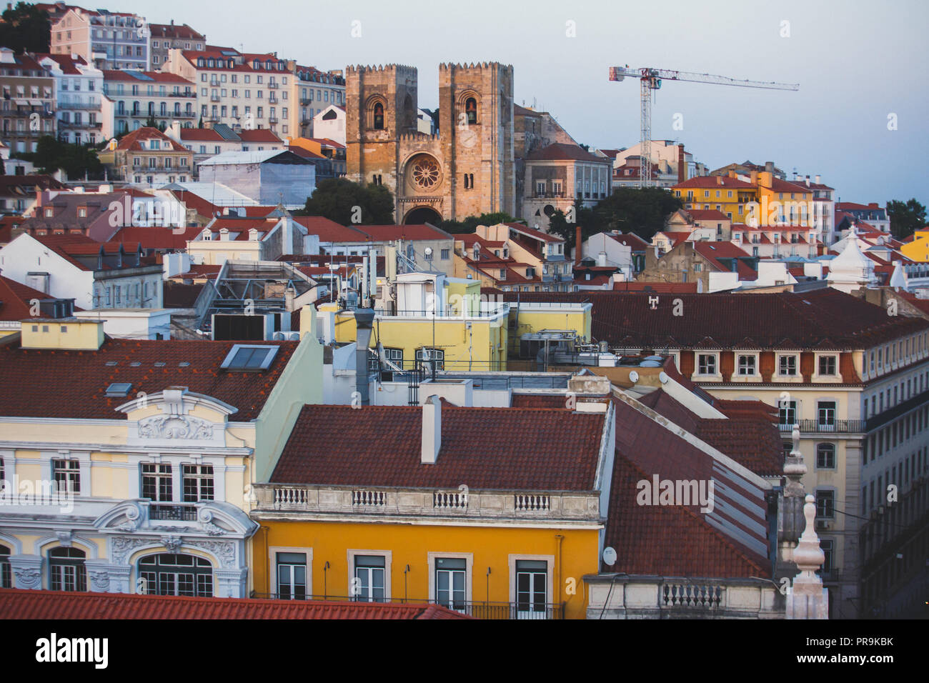 Beautiful super wide-angle aerial view of Lisbon, Portugal with harbor ...
