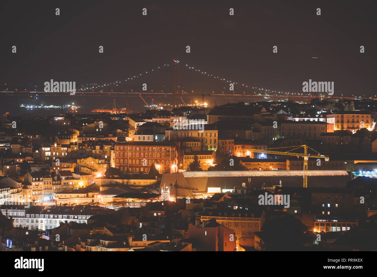 Beautiful night super wide-angle aerial view of Lisbon, Portugal with ...