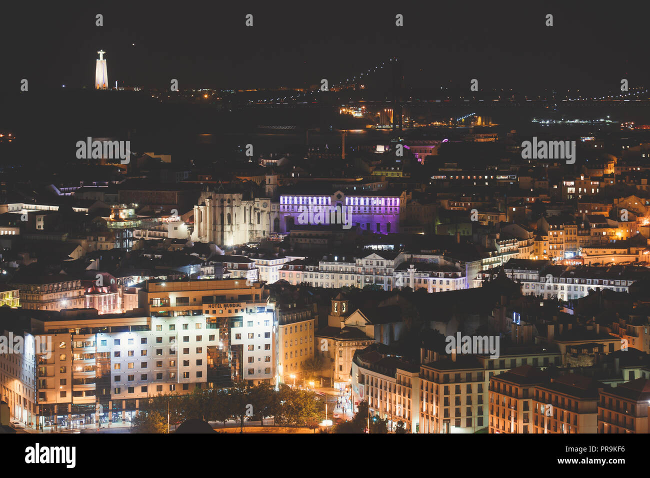 Beautiful night super wide-angle aerial view of Lisbon, Portugal with ...