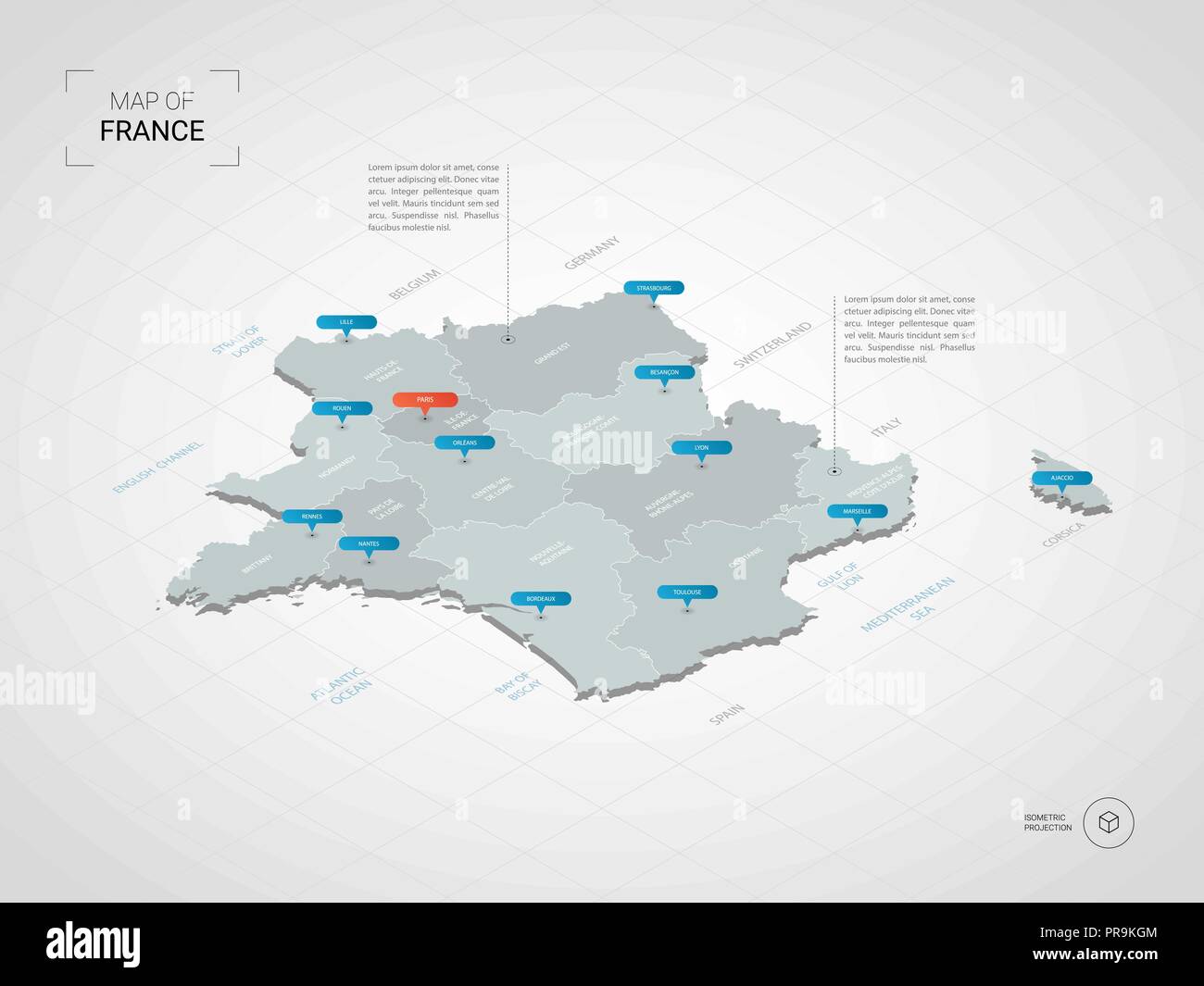 Isometric 3D France map. Stylized vector map illustration with cities ...