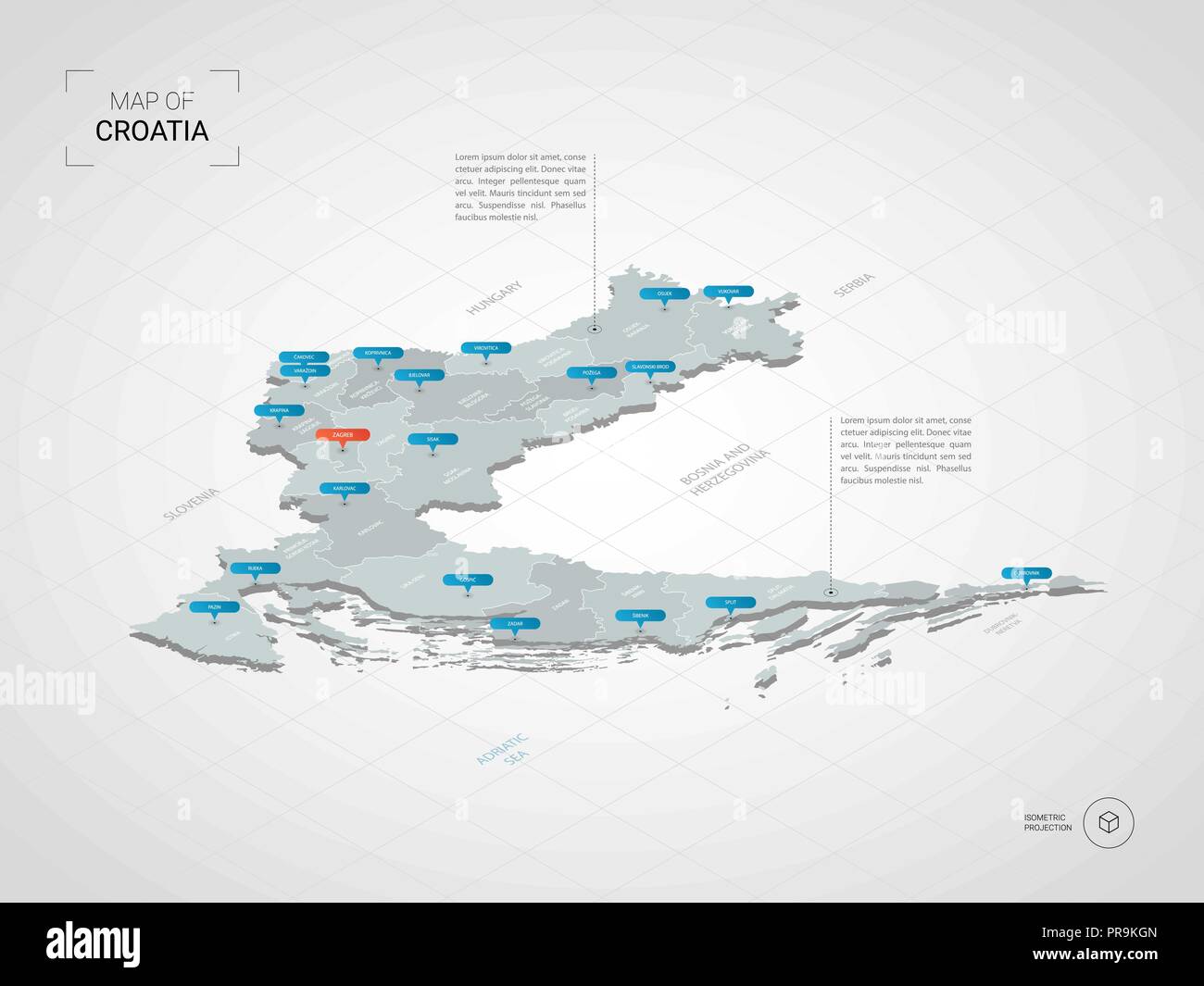 Isometric 3D Croatia map. Stylized vector map illustration with cities ...
