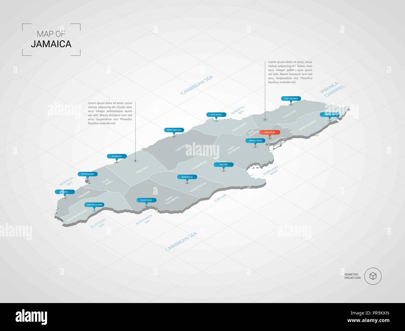 Isometric 3D Jamaica map. Stylized vector map illustration with cities ...