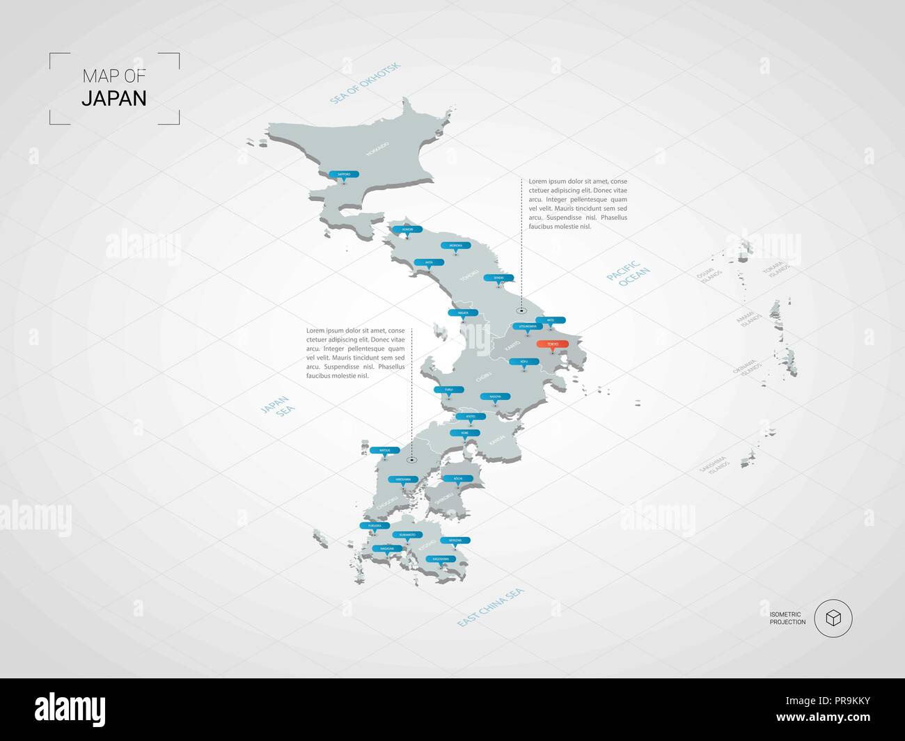 Isometric 3D Japan map. Stylized vector map illustration with cities ...