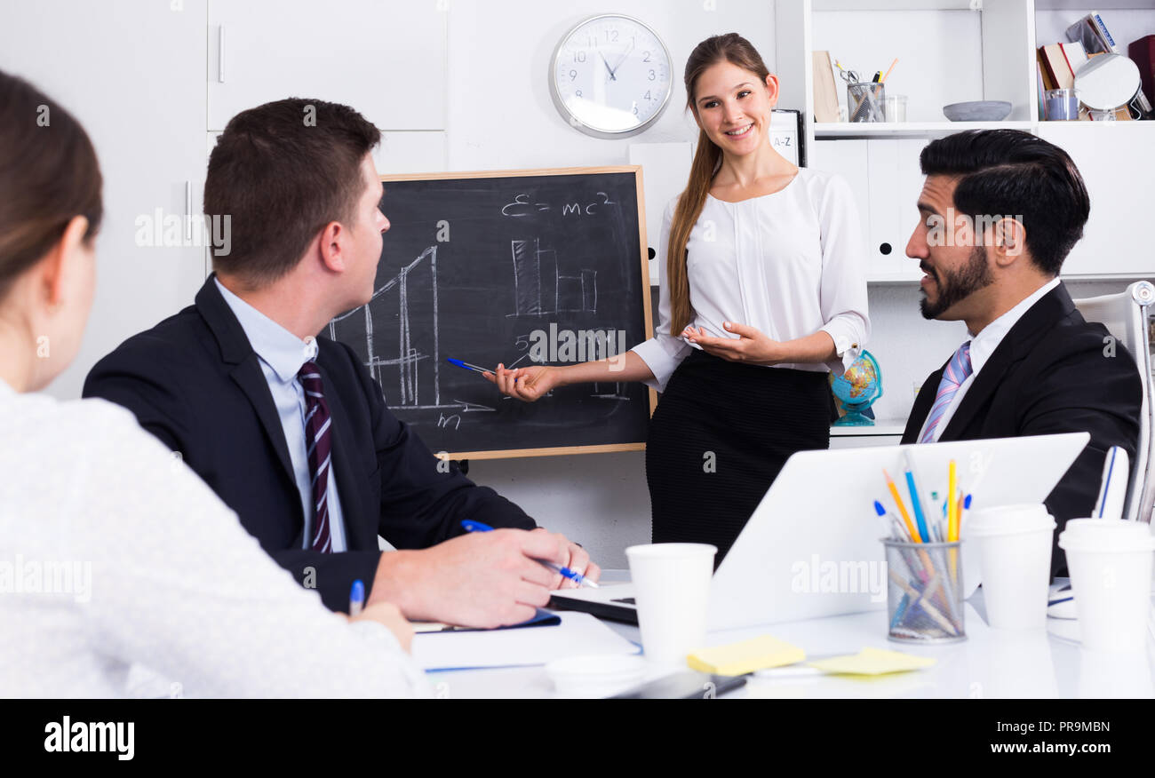 Successful smiling business woman presenting new business strategy to ...
