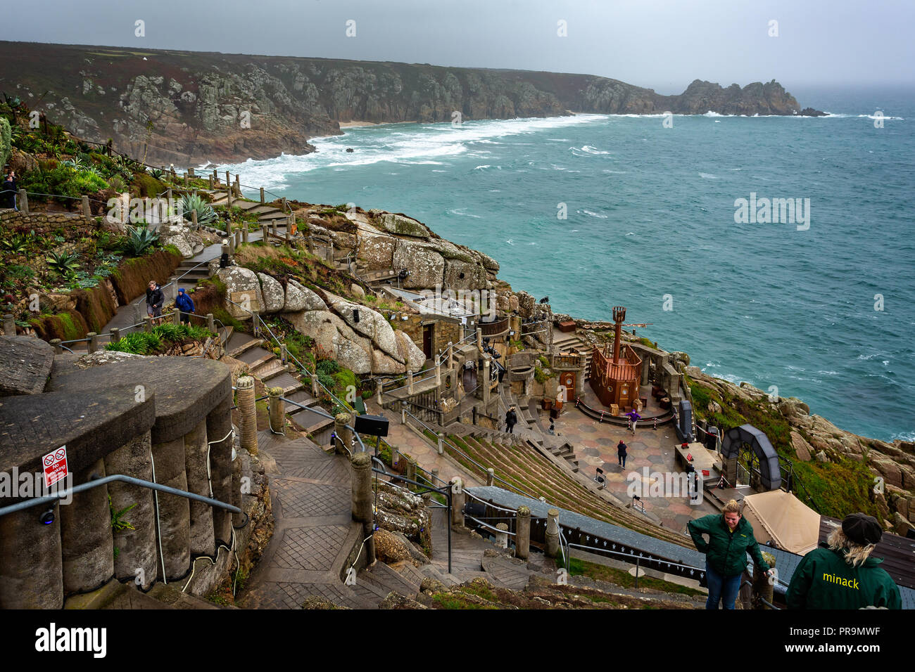 Aerial view looking down at the stage of the Minack Theatre with a ...