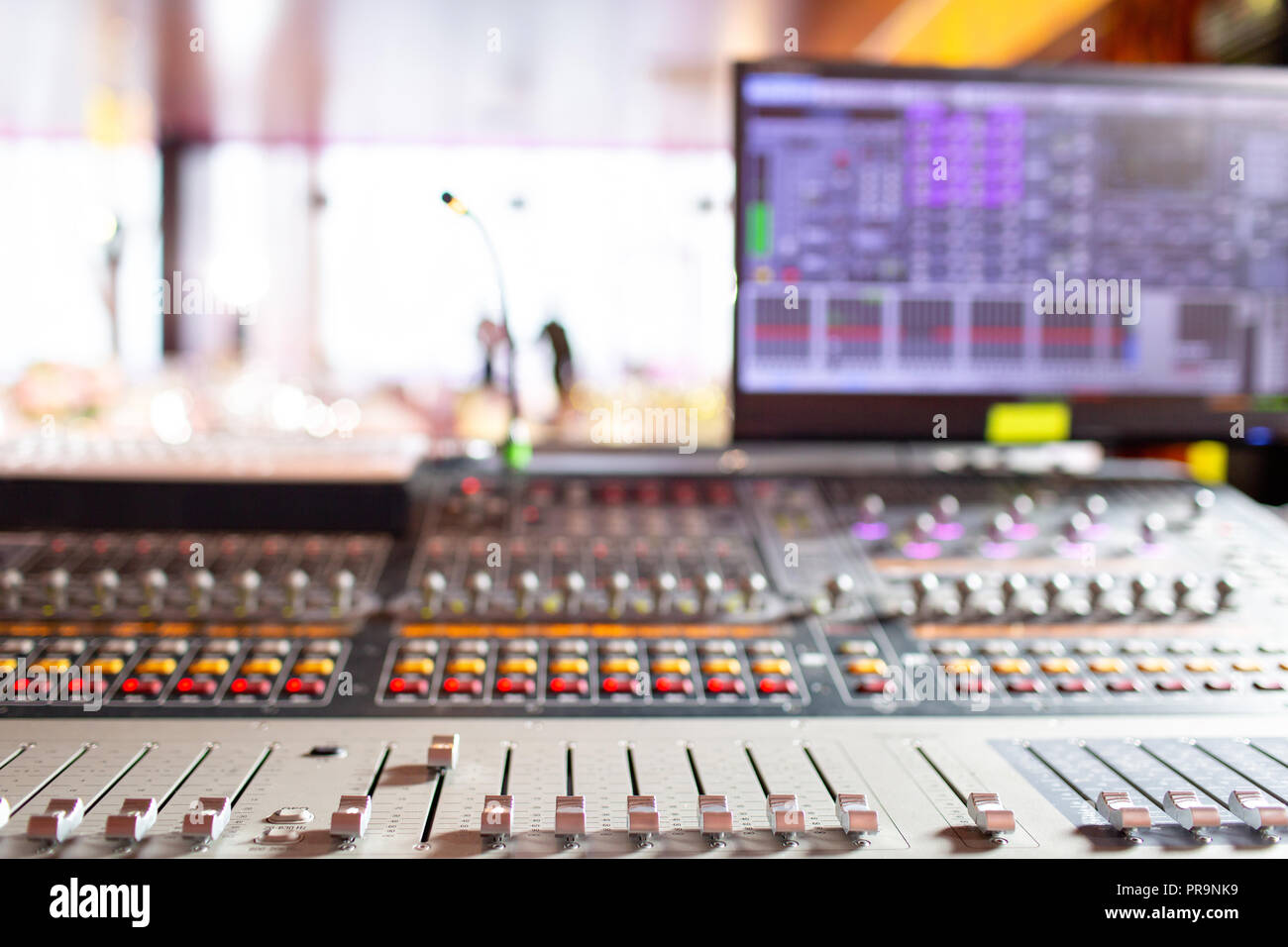 control Fader. Mixing console of light equipment operator at the ...