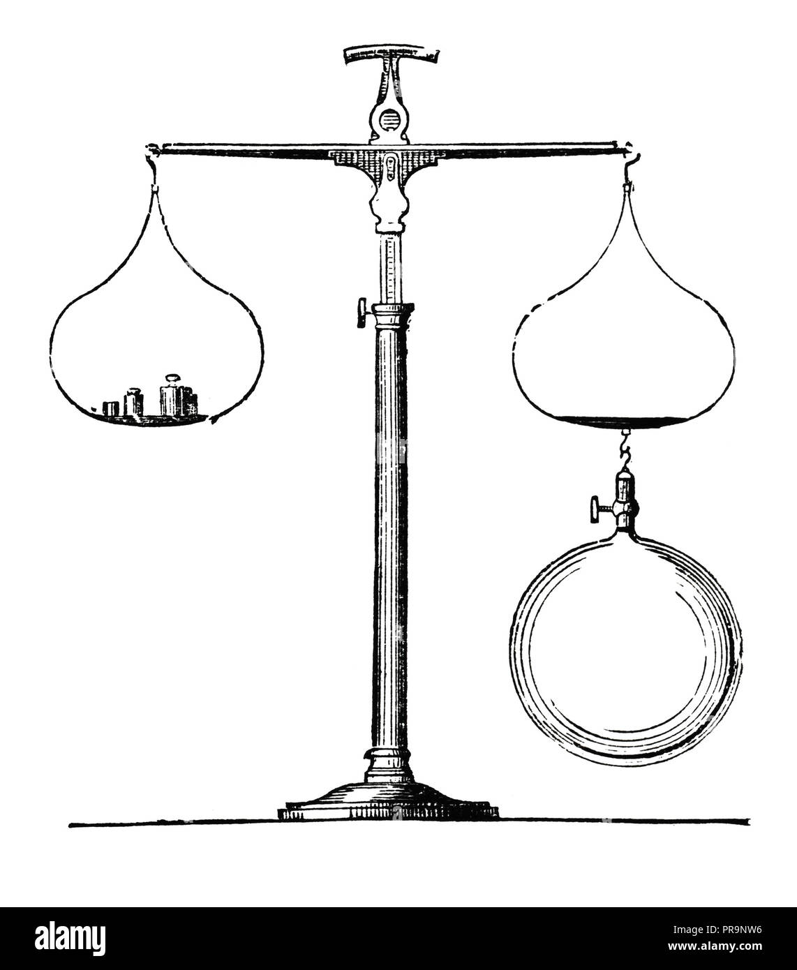 19-th century illustration of scales for measuring weight of the air ...