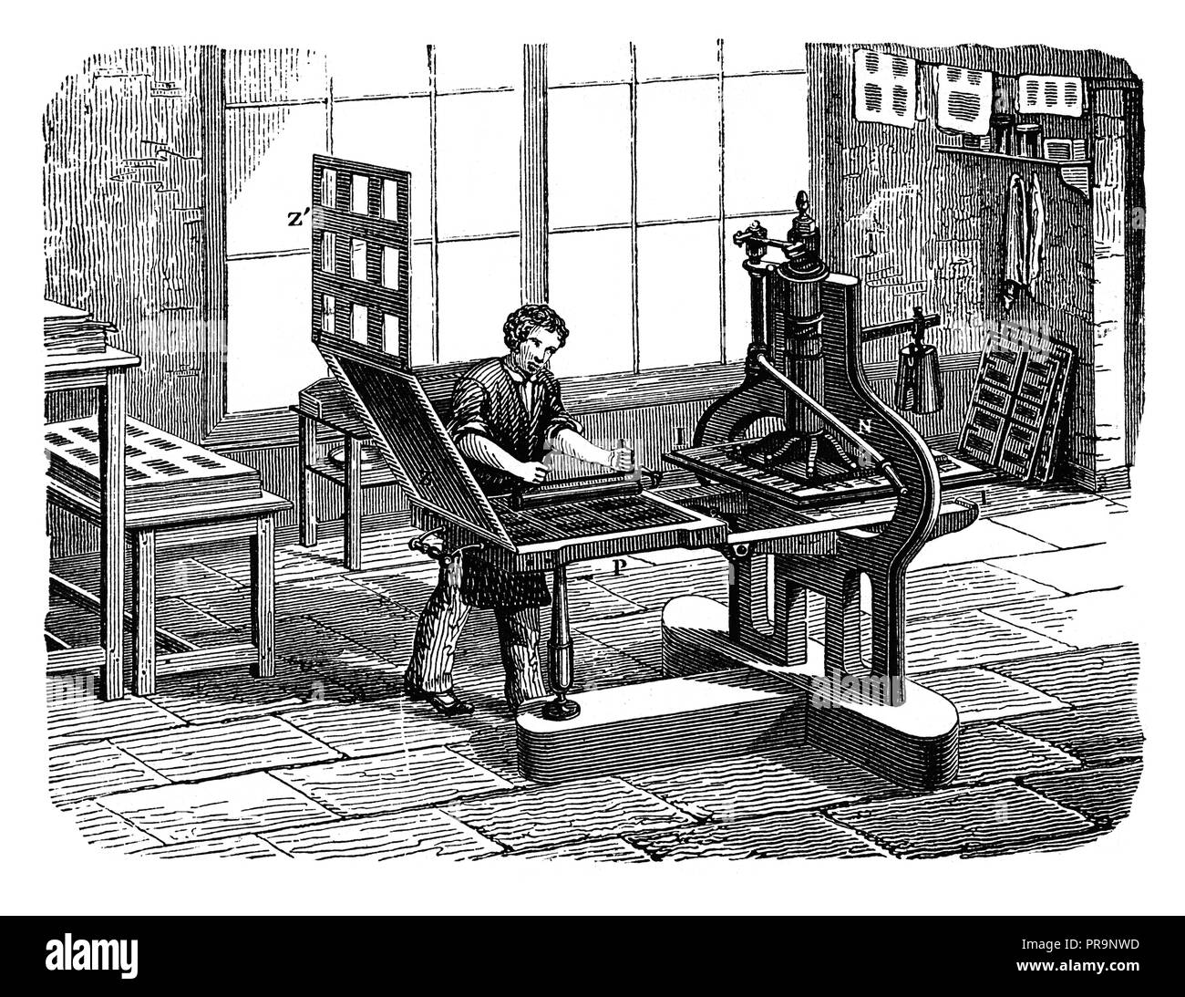 19-th century illustration of Stanhope press, invented by the British ...
