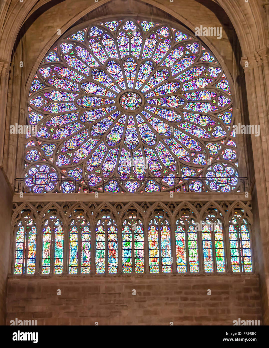 Paris, France - March 13, 2018: Stained glass window in Notre dame ...