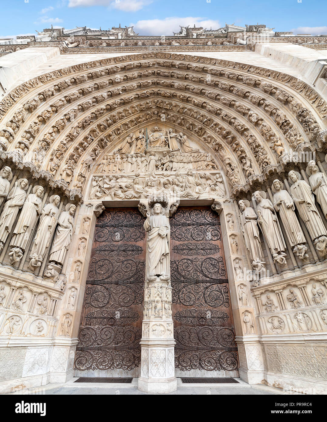 Main Entrance door of Notre Dame Cathedral in Paris. Ornate Facade with ...