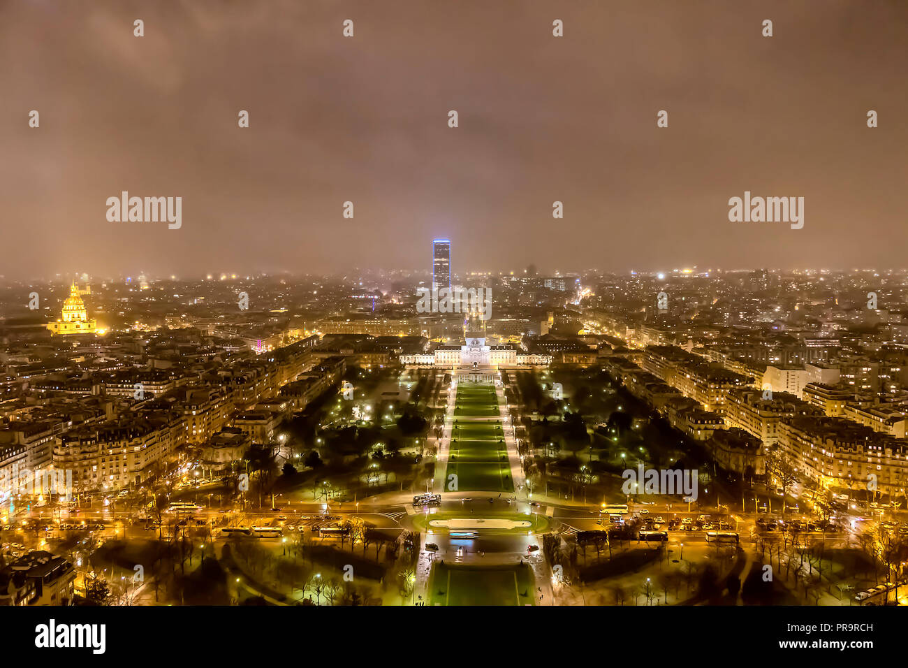 Aerial view on Champ de Mars (Mars fields) at night in a raining day ...