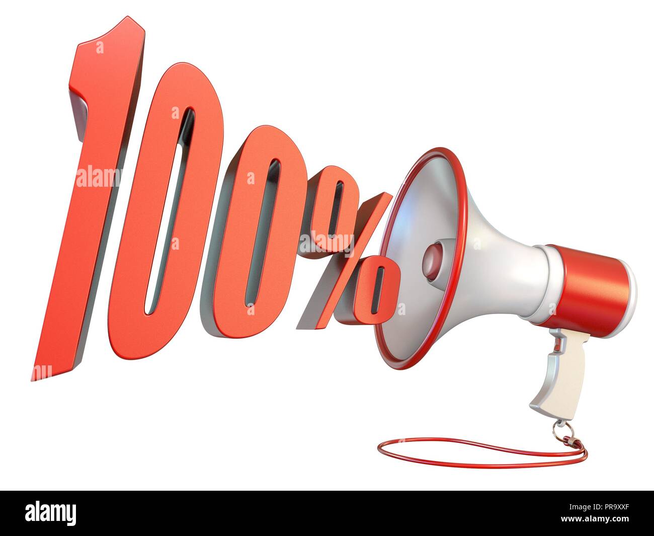 100 percent sign and megaphone 3D rendering illustration isolated on ...