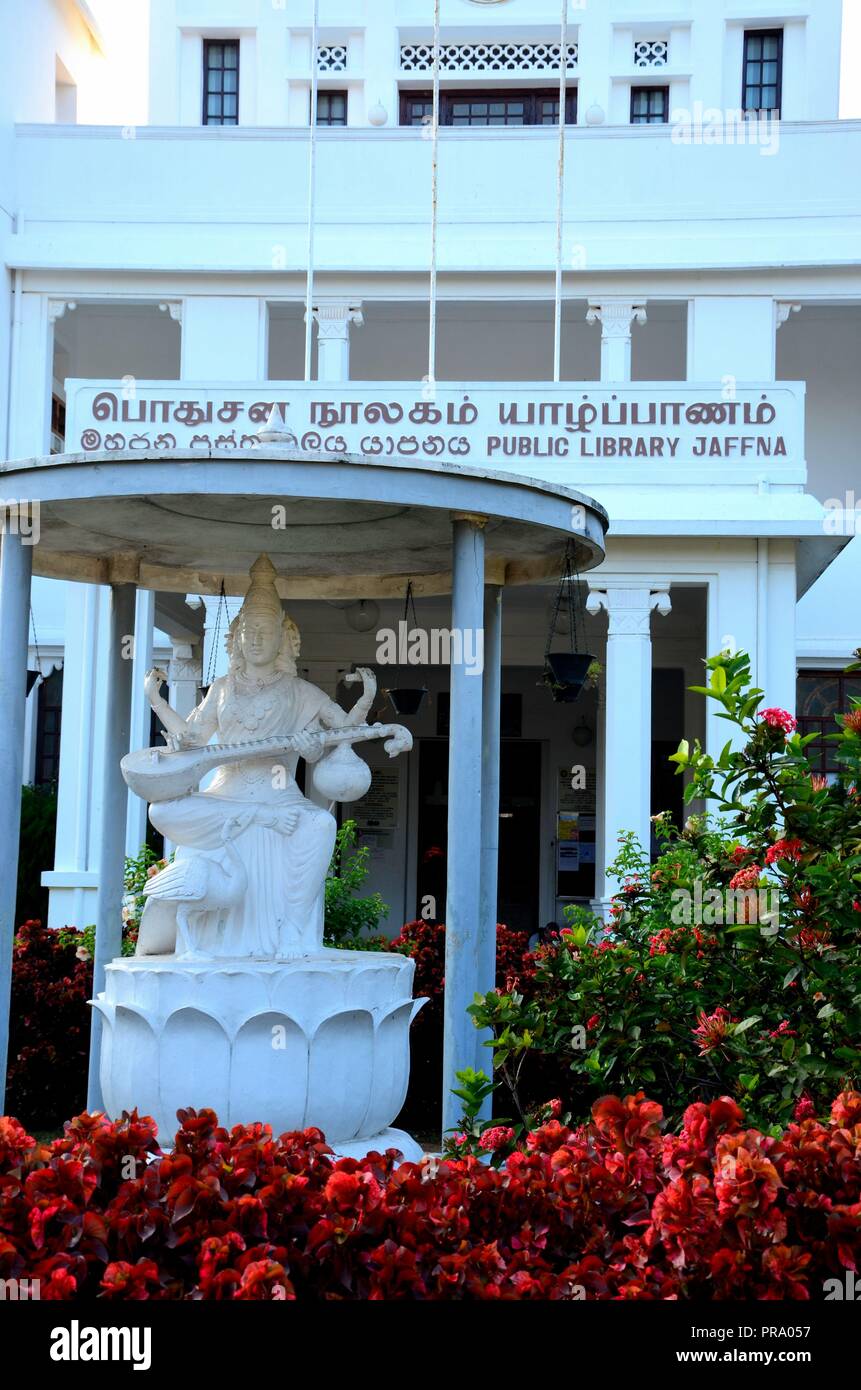 Statue of Hindu goddess Saraswati at entrance of Jaffna Public Library ...