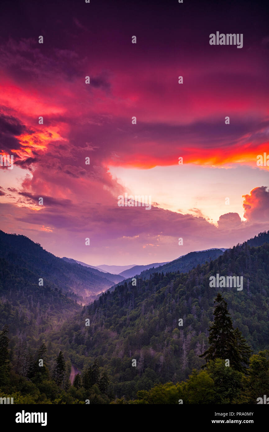 Dramatic skies over the Smoky Mountain's Morton Overlook at sunset ...