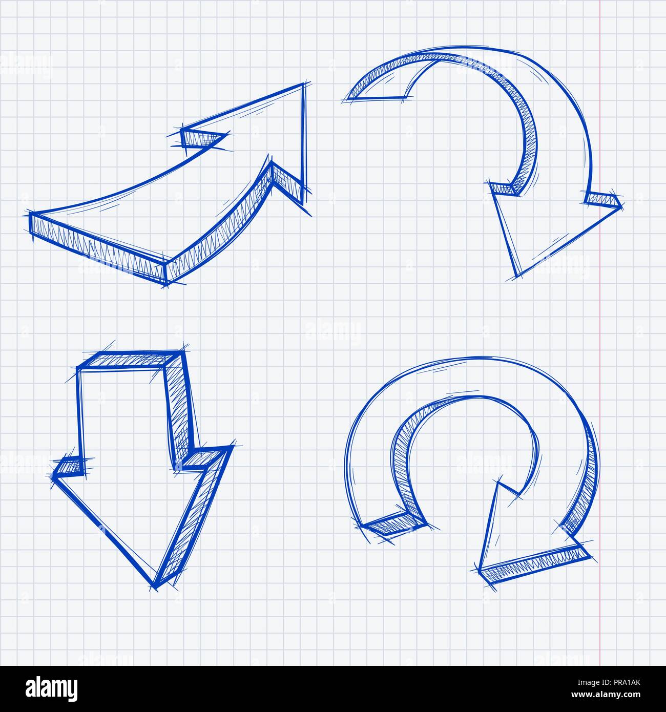 DOWN arrows. Blue hand drawn sketch on lined paper background Stock ...