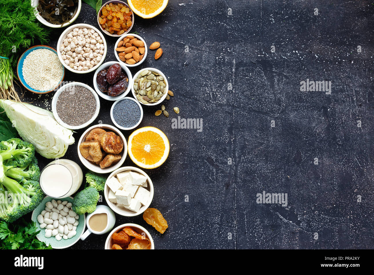 Source of calcium for vegetarians. Top view healthy food clean eating ...