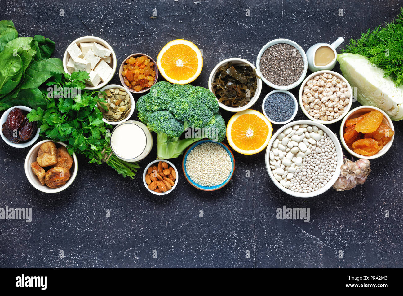 Source of calcium for vegetarians. Top view healthy food clean eating ...