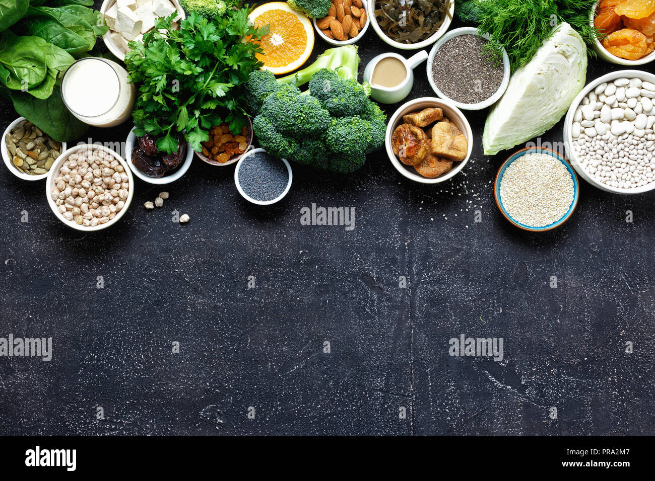 Source of calcium for vegetarians. Top view healthy food clean eating ...