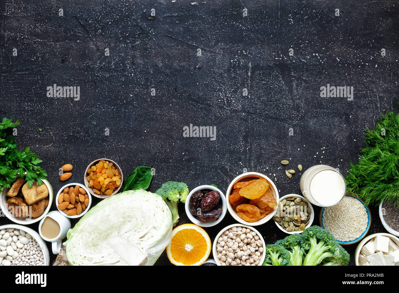 Source of calcium for vegetarians. Top view healthy food clean eating ...