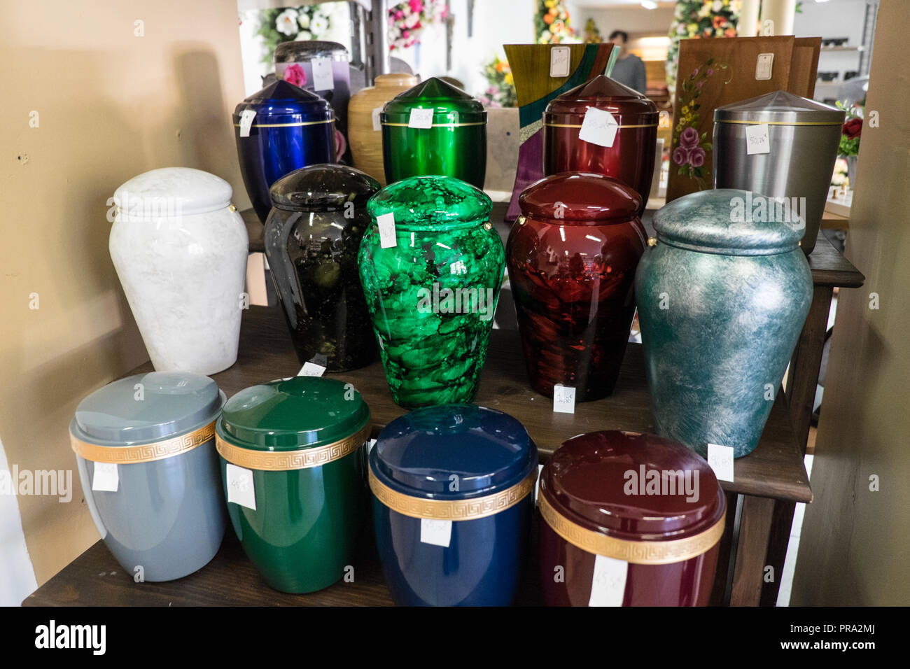 Funeral parlour,funeral directors,shop,with,coffins,plaques,and floral ...