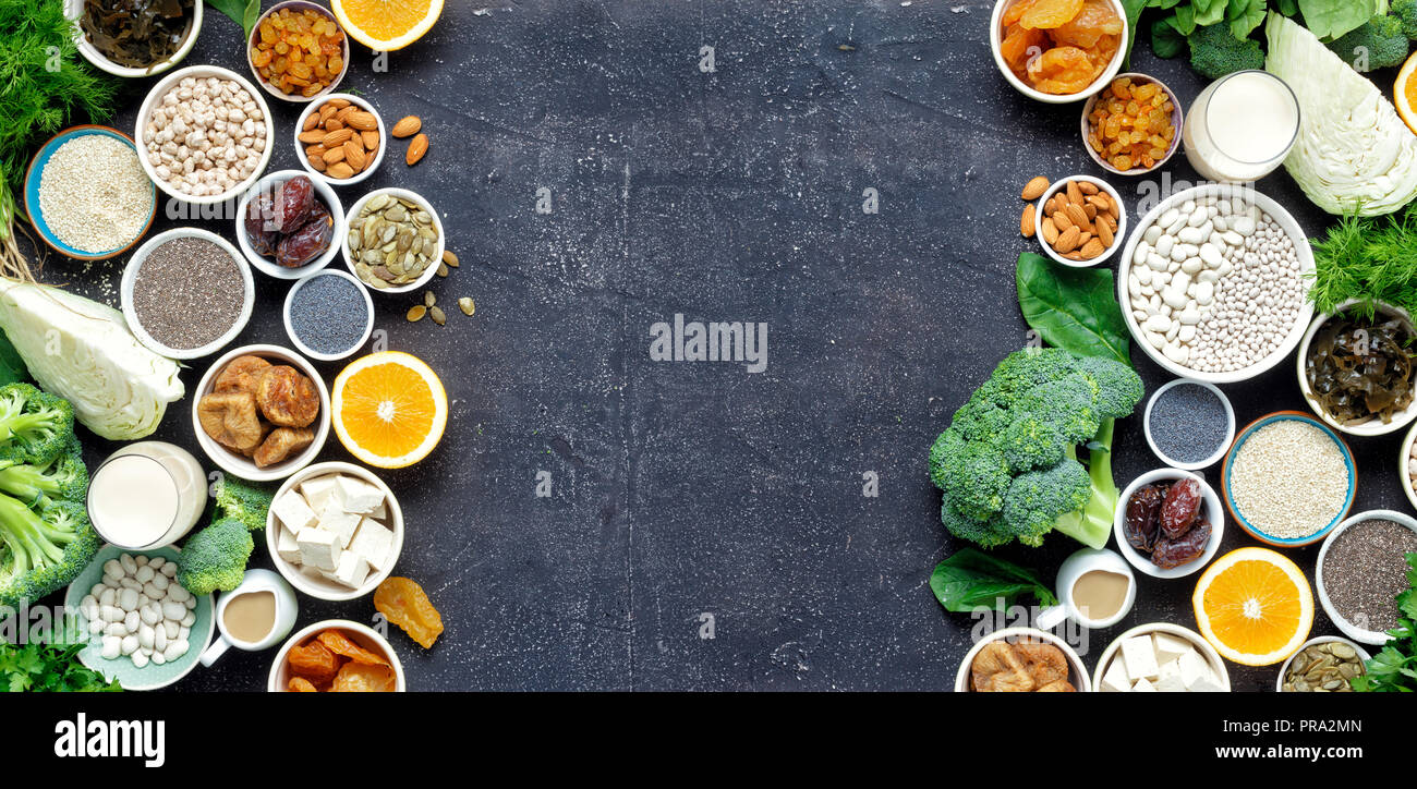 Source of calcium for vegetarians. Top view frame of healthy food clean ...