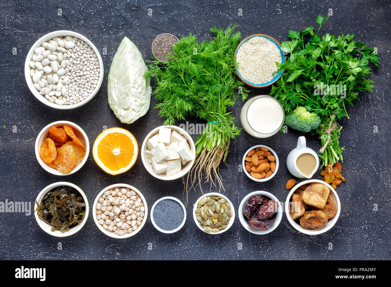 Source of calcium for vegetarians. Top view healthy food clean eating ...
