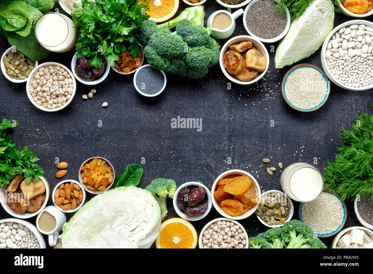 Source of calcium for vegetarians. Top view frame of healthy food clean ...