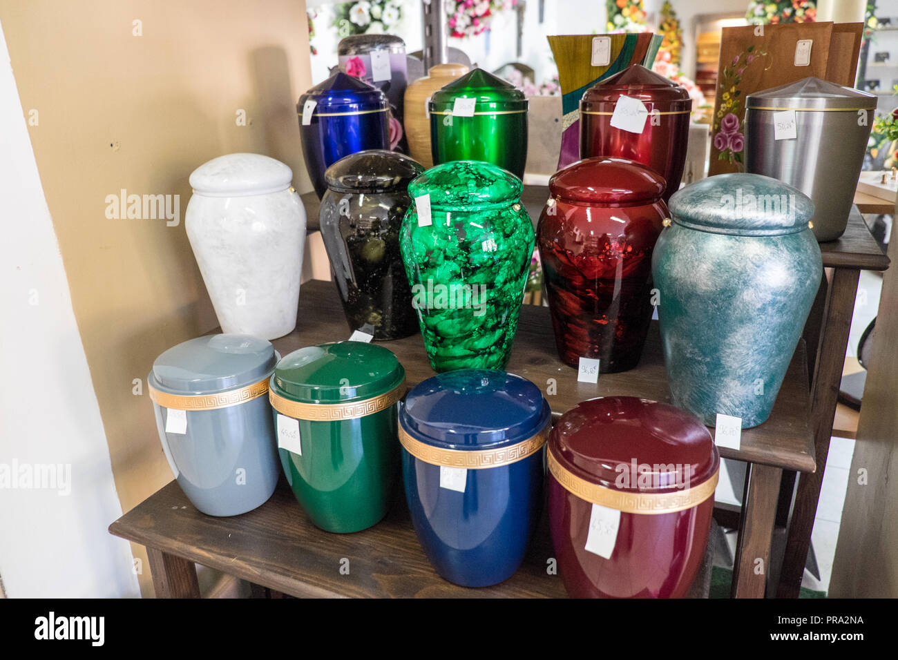 Funeral parlour,funeral directors,shop,with,coffins,plaques,and floral ...