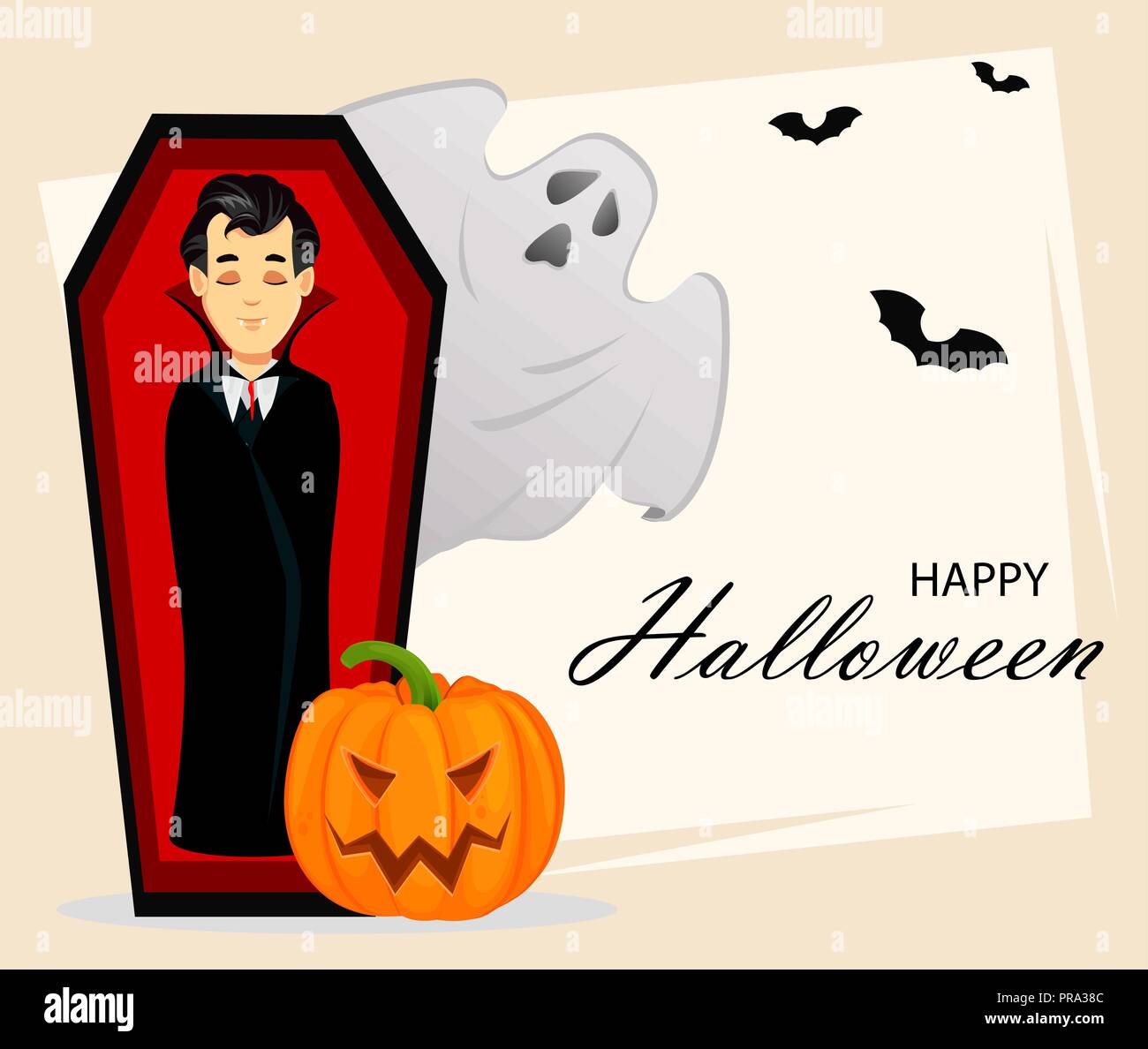 Happy Halloween. Vampire cartoon character wearing black and red cape ...