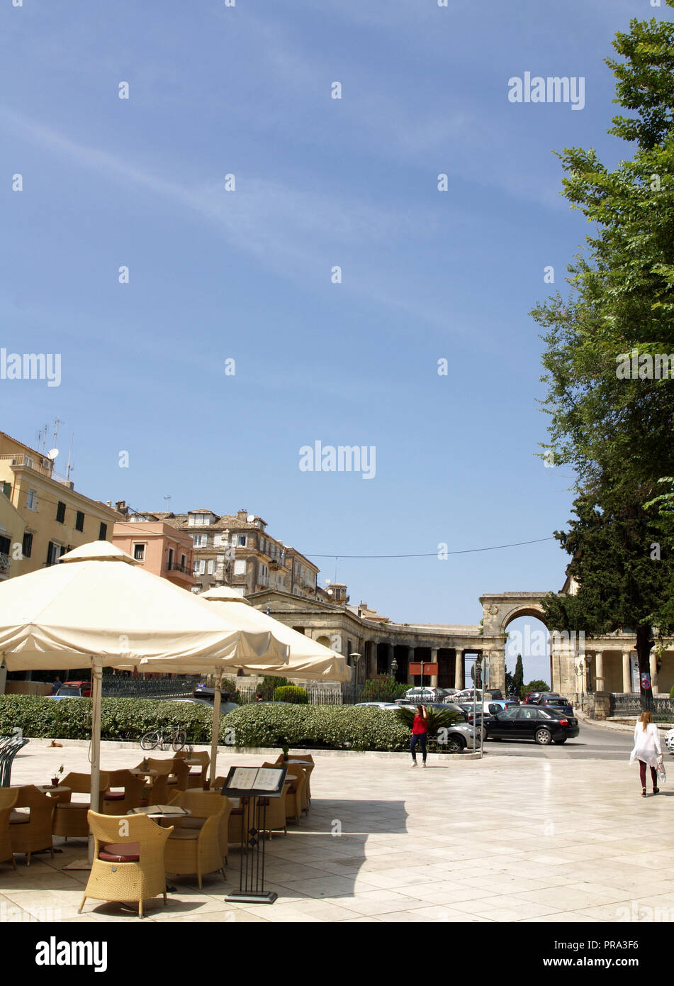 The Liston in old Corfu Town, Kerkyra, Greece, looking towards archway ...