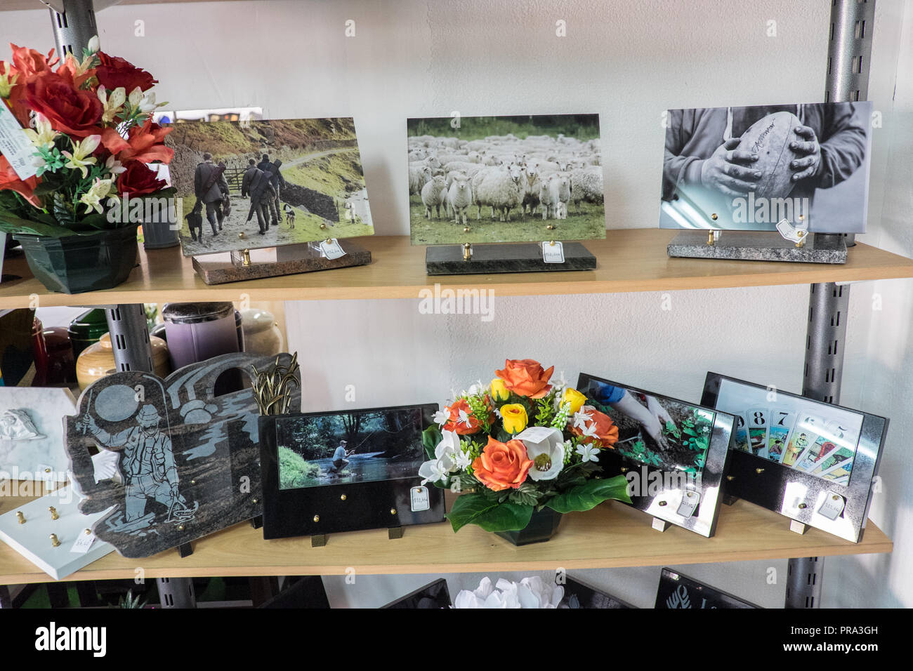 Funeral parlour,funeral directors,shop,with,coffins,plaques,and floral ...