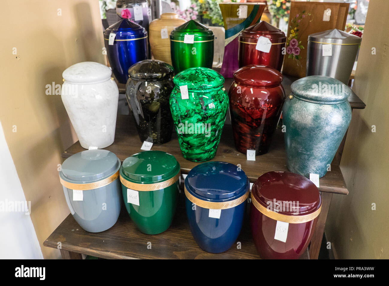 Funeral parlour,funeral directors,shop,with,coffins,plaques,and floral ...