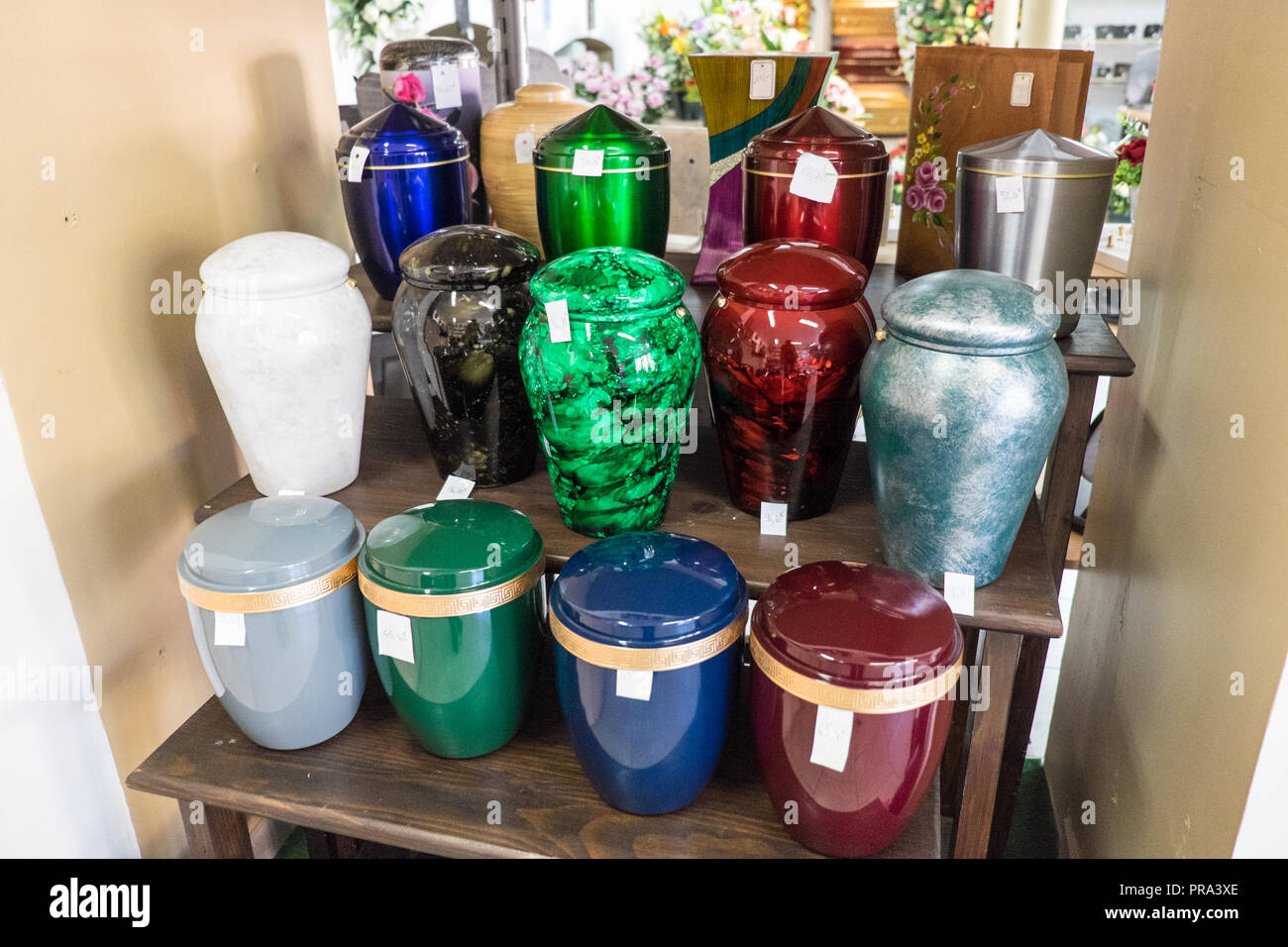 Funeral parlour,funeral directors,shop,with,coffins,plaques,and floral ...