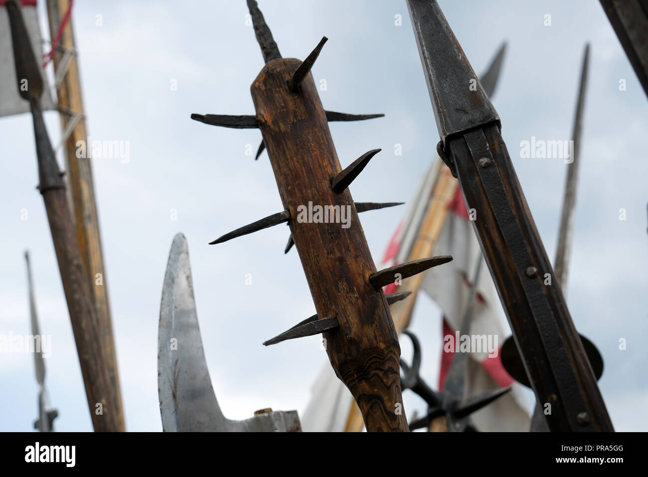 Replica primitive war weapons displayed on a festival in Bavaria Stock ...