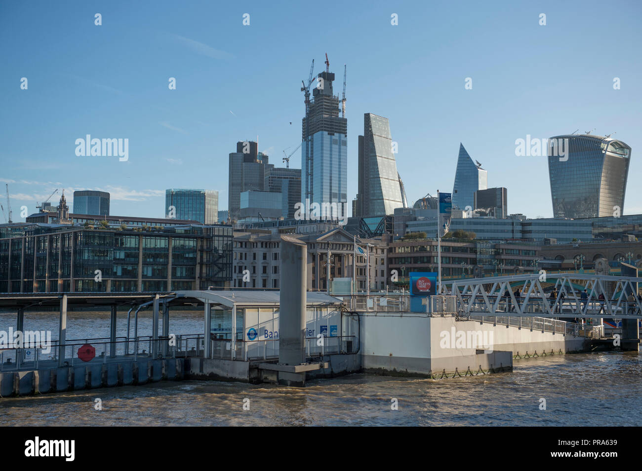 1 October 2018. Clear blue sky over skyscrapers in the the City of ...