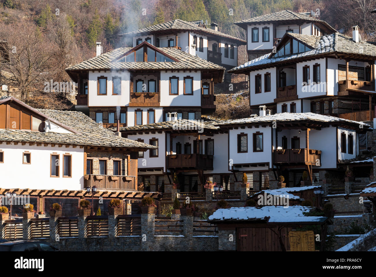 Buildings of traditional style in the village of Leshten in Bulgaria ...