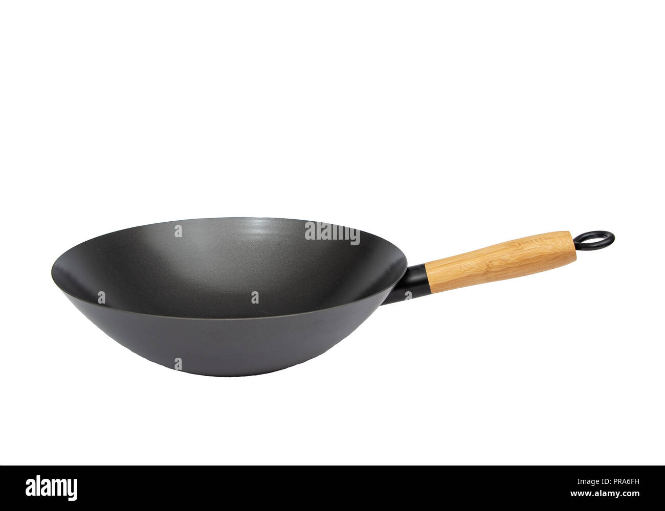 Chinese wok frying pan with wooden handle on a white background Stock ...