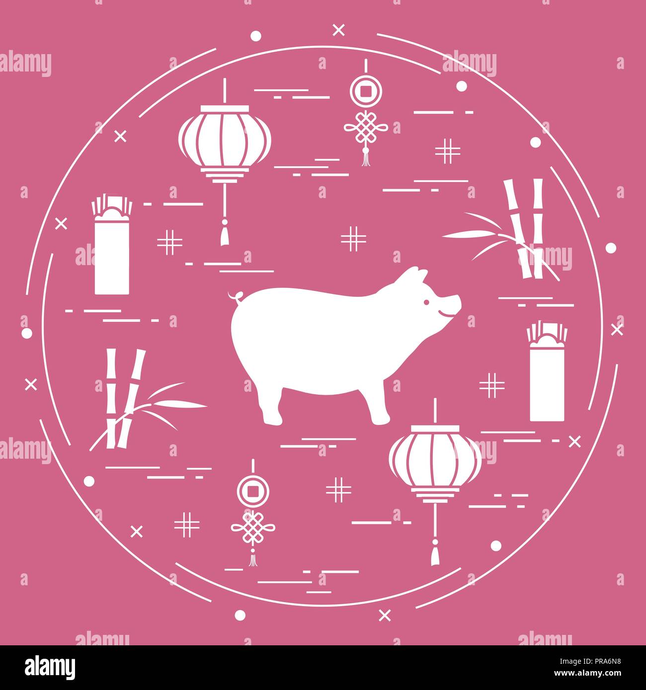 Happy New Year 2019 card. Chinese New Year symbols. Pig, lantern ...
