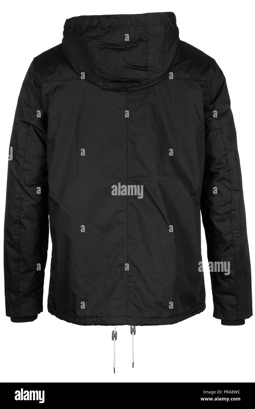 Back of black jacket with hood Stock Photo - Alamy
