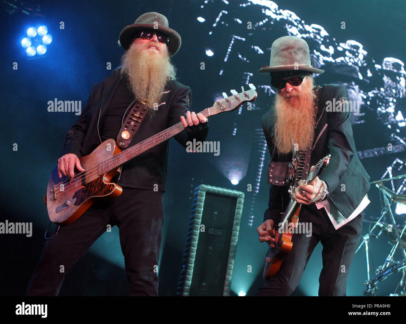 Dusty Hill (L) and Billy Gibbons with ZZ top perform in concert at the ...