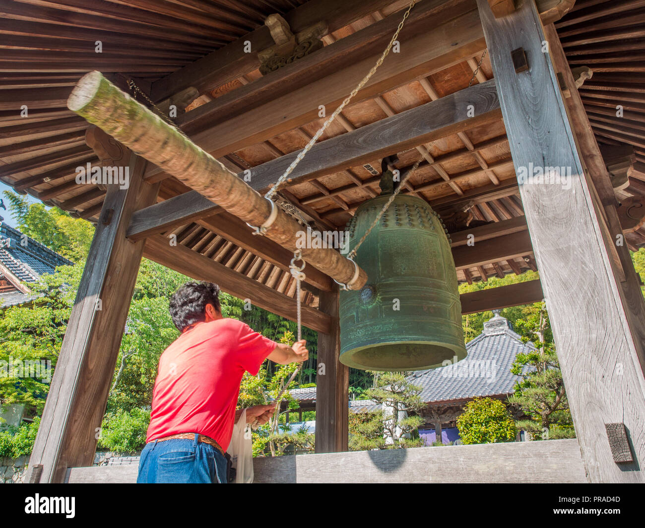 Ringing temple bell, Eifukuji temple 57, Shikoku 88 temple pilgrimage ...