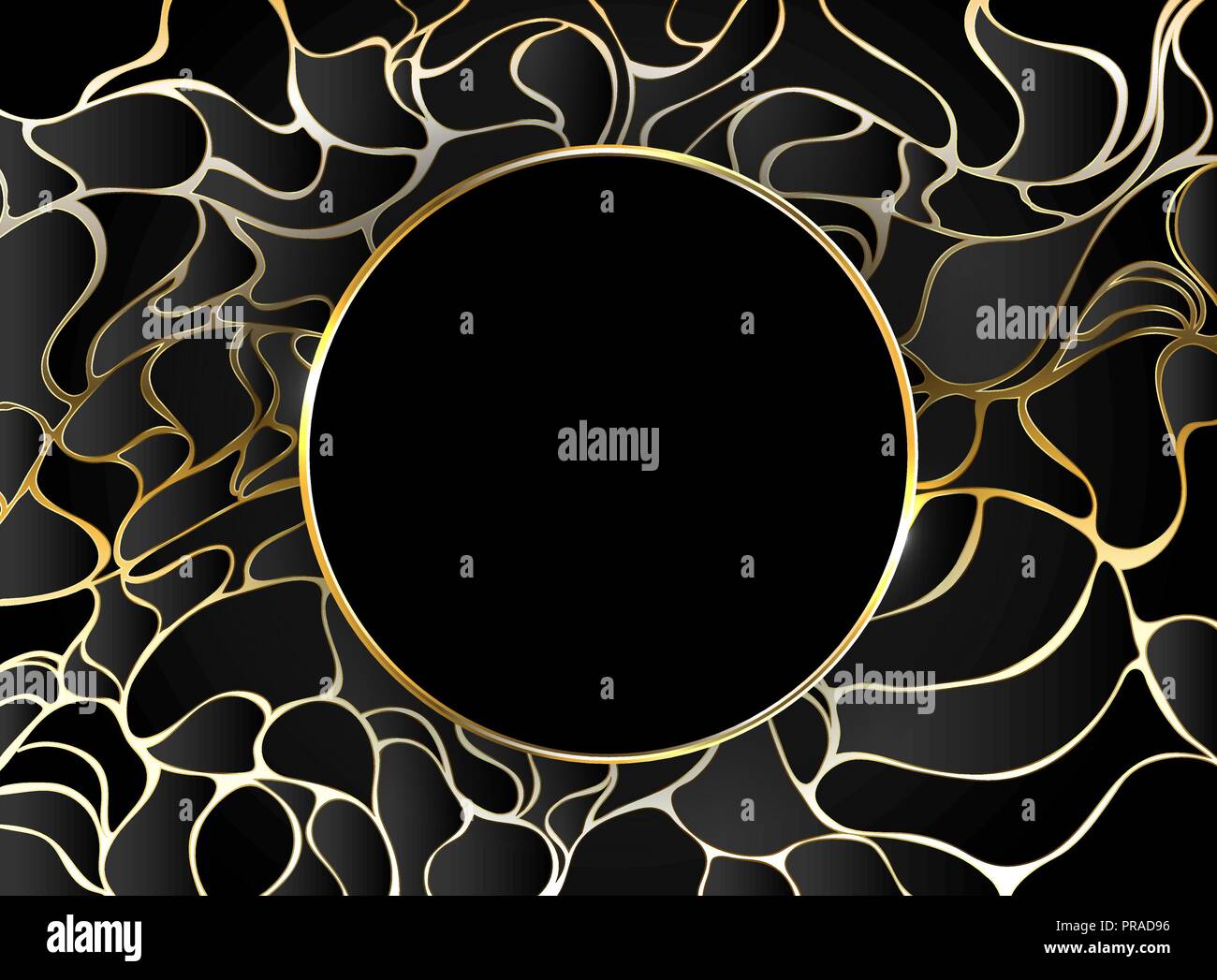 Golden, round banner on black, abstract background with jewelry, golden ...