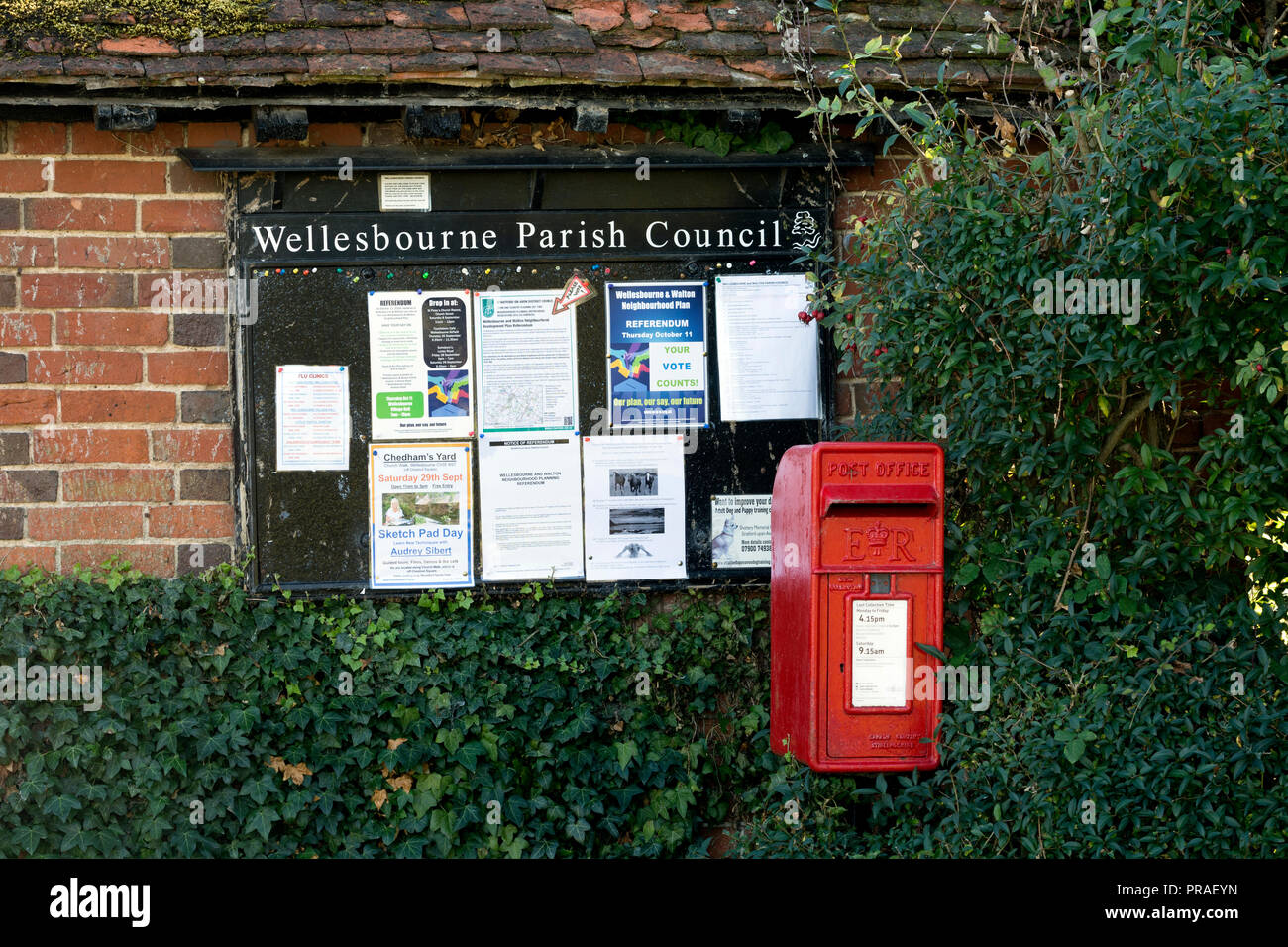 Notice board and post box at the hamlet of Walton, near Wellesbourne ...