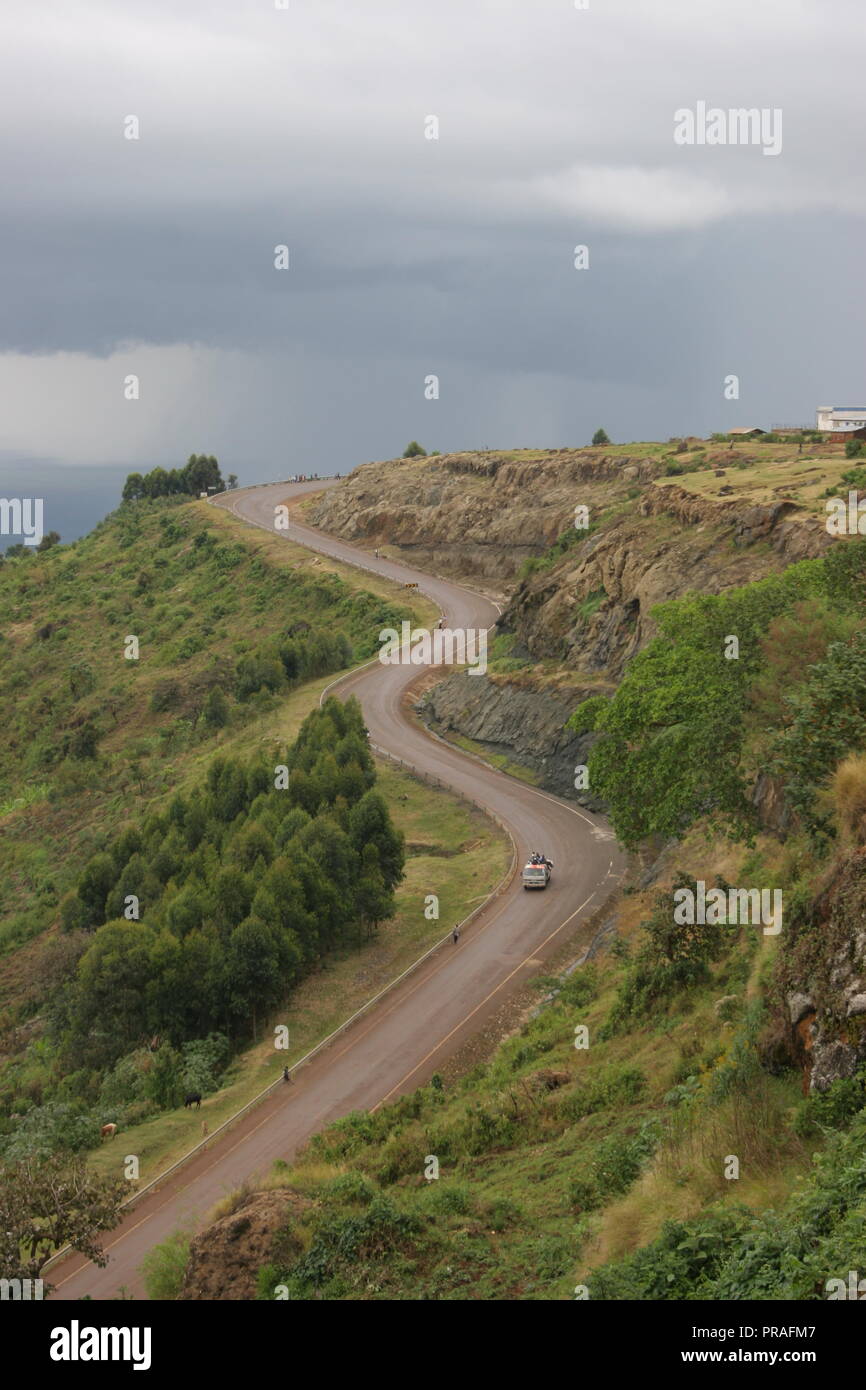Aerial view of the winding road leading to Kapchorwa town on Mount ...