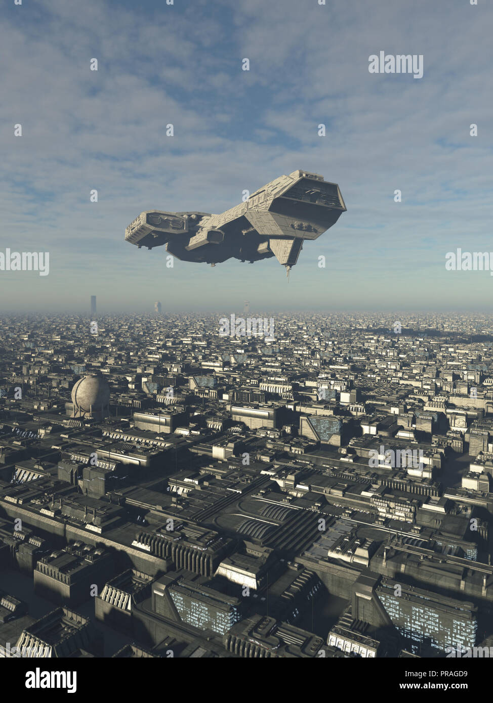 Spaceship Overflying a Future City Stock Photo - Alamy