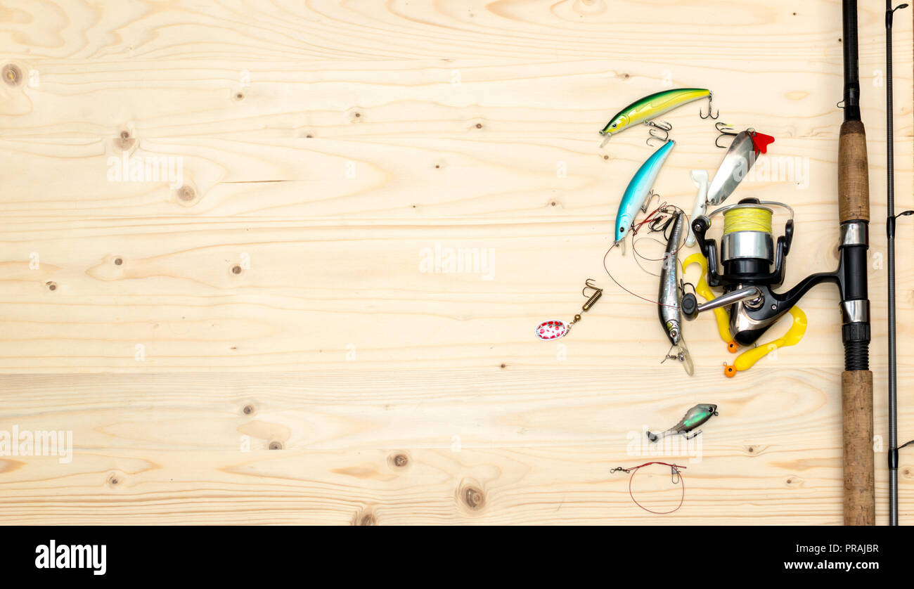 Fishing gear. Tools for fishing. Set of fisherman Stock Photo - Alamy