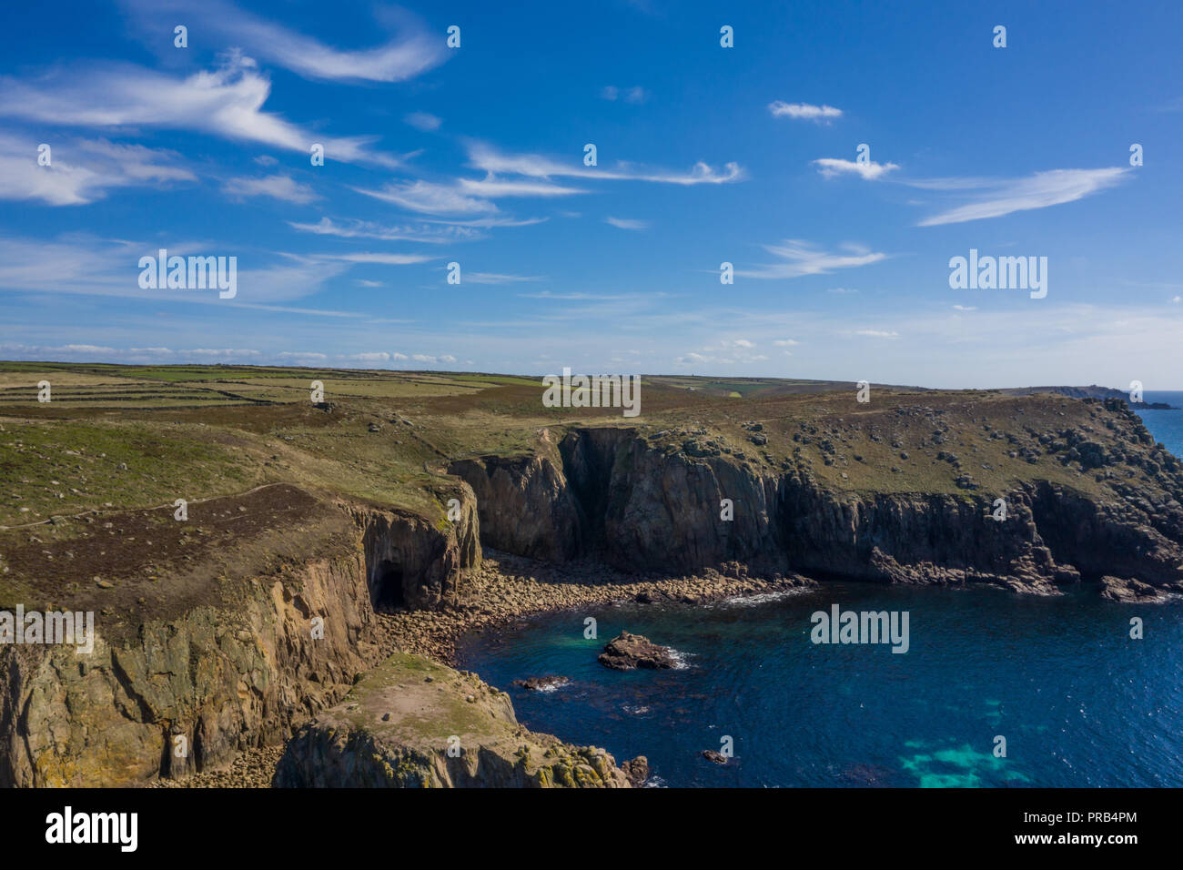 Aerial shot looking inland at Lands End Cornwall Stock Photo - Alamy