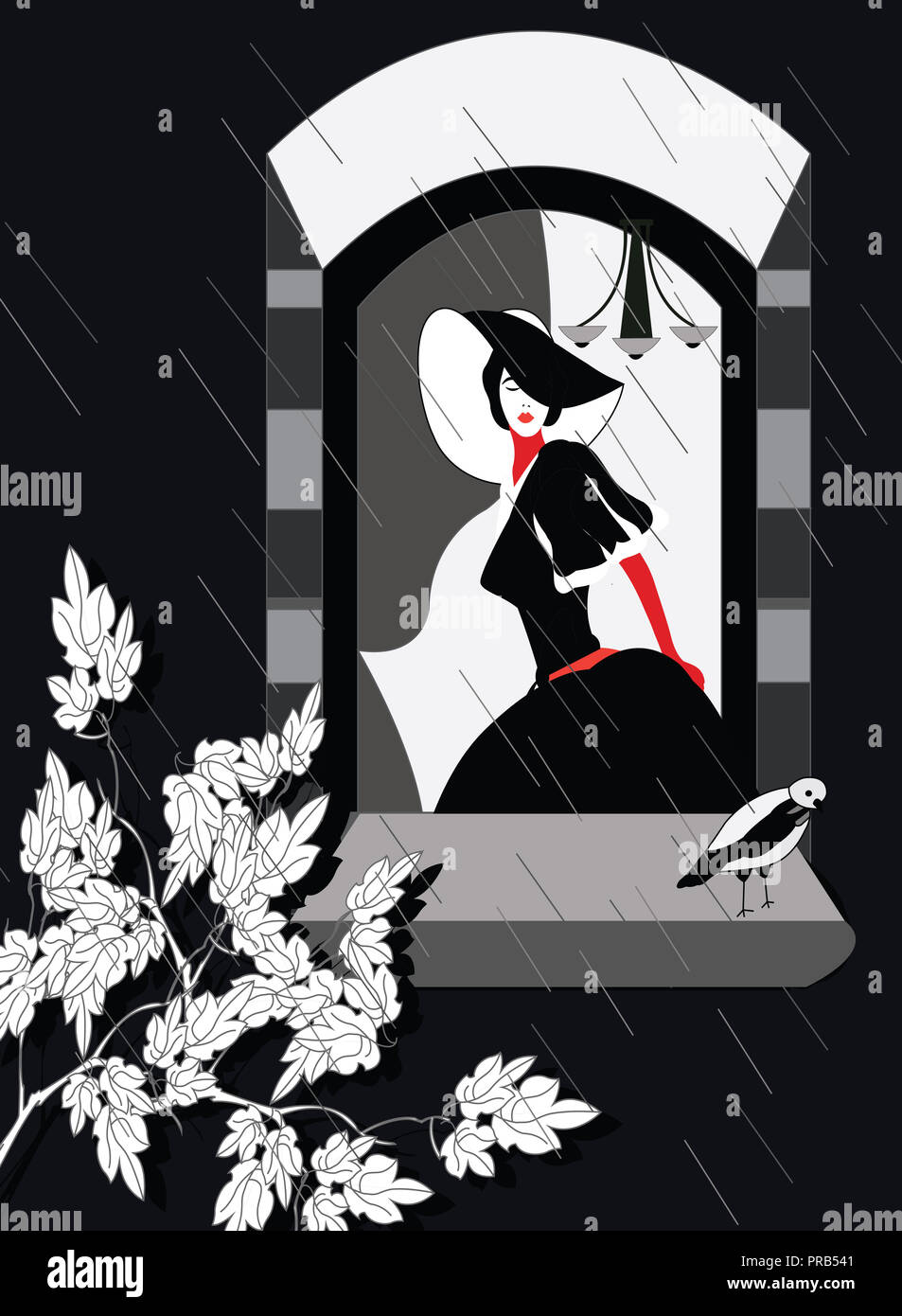 elegant woman looking outside her window at a poor bird in the rain ...